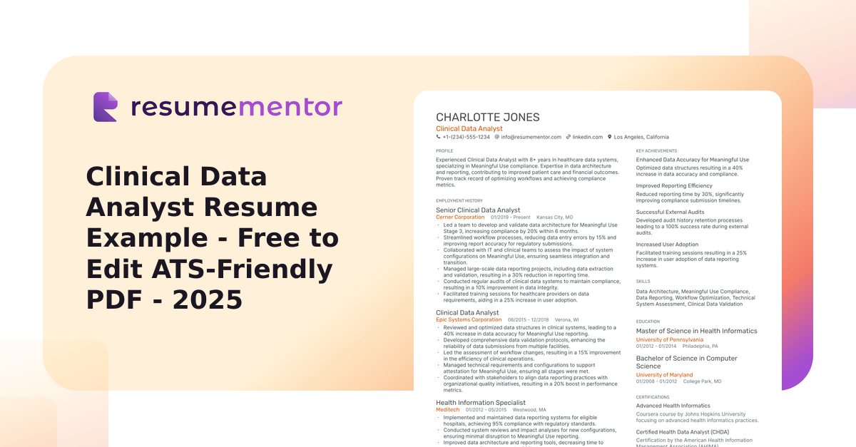 Clinical Data Analyst Resume Example - Free to Edit ATS-Friendly PDF - 2025