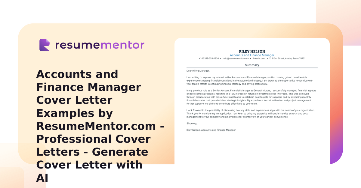 Accounts and Finance Manager Cover Letter Examples by ResumeMentor.com ...