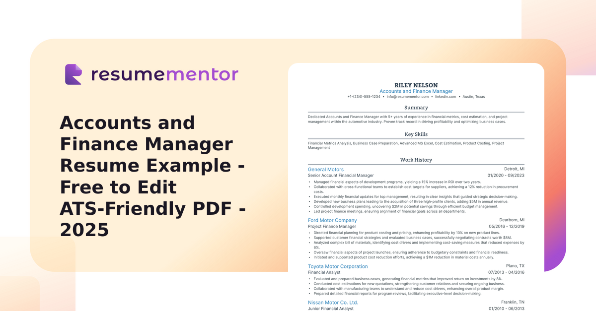 Accounts and Finance Manager Resume Example - Free to Edit ATS-Friendly ...