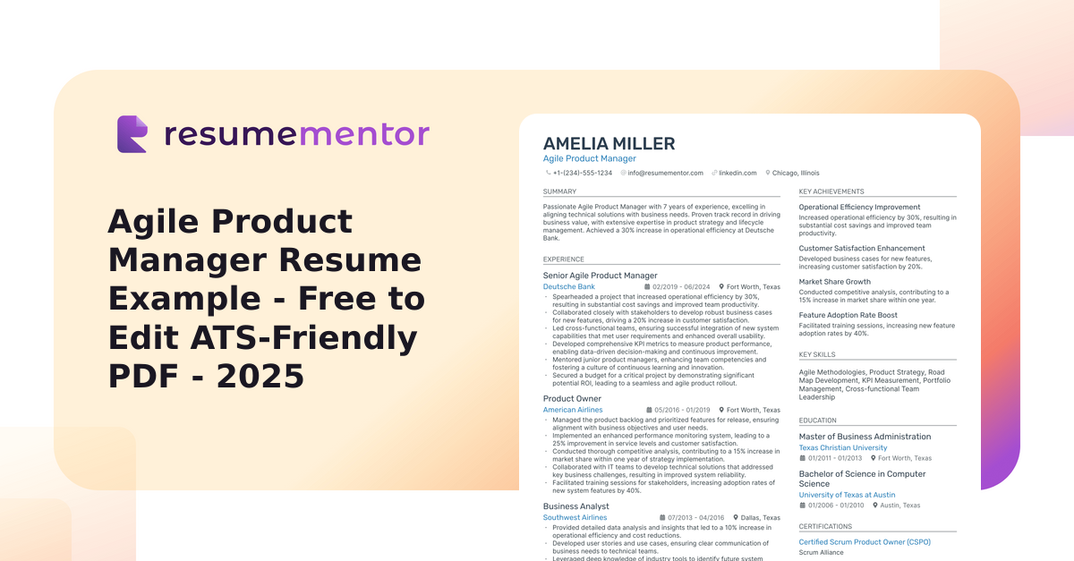 Agile Product Manager Resume Example - Free to Edit ATS-Friendly PDF - 2025