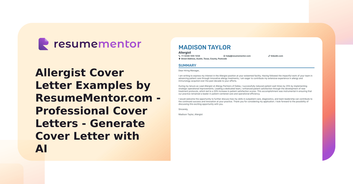 Allergist Cover Letter Examples by ResumeMentor.com - Professional ...