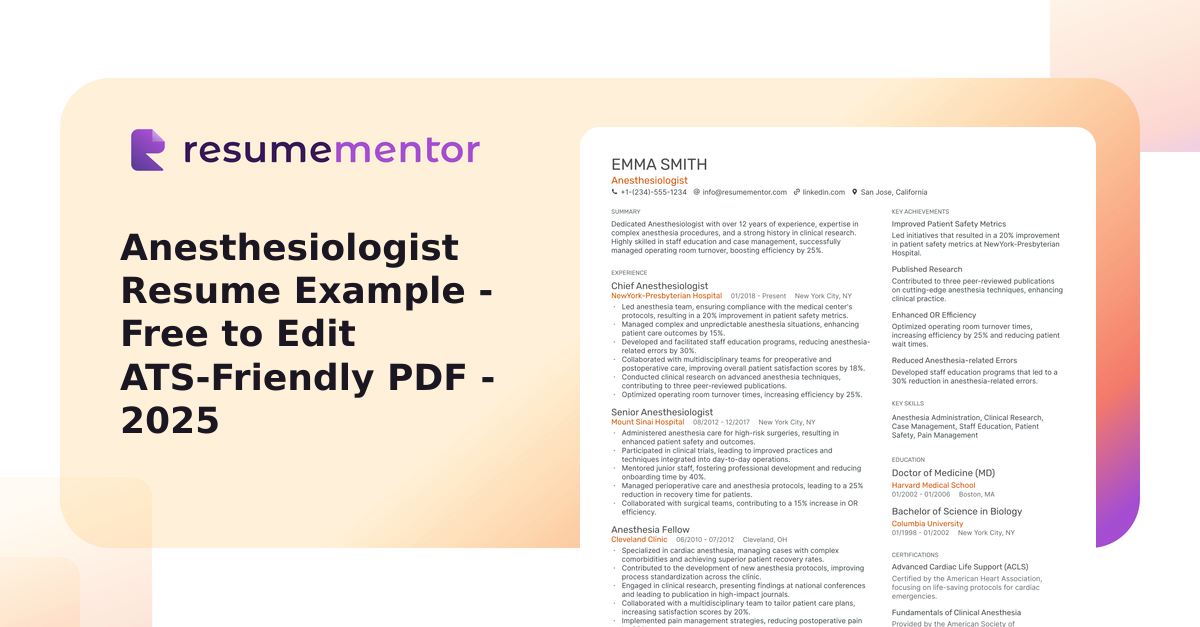 Anesthesiologist Resume Example - Free to Edit ATS-Friendly PDF - 2025