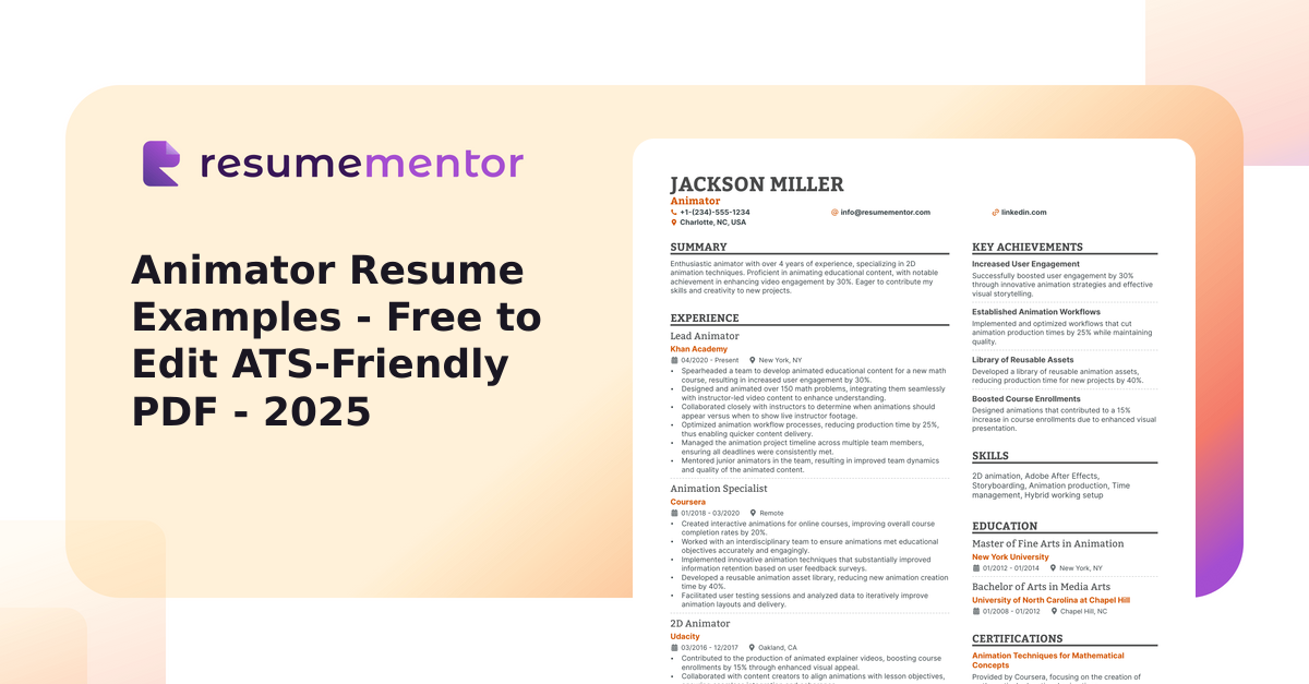Animator Resume Examples - Free to Edit ATS-Friendly PDF - 2025
