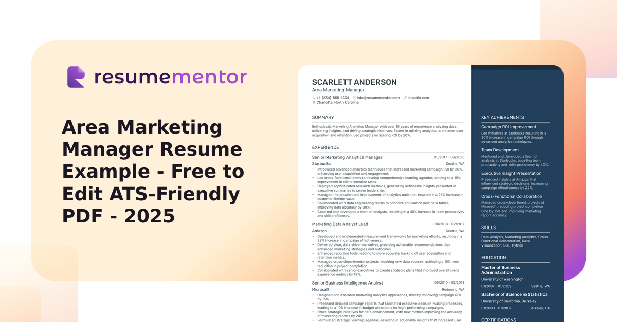 Area Marketing Manager Resume Example - Free to Edit ATS-Friendly PDF ...