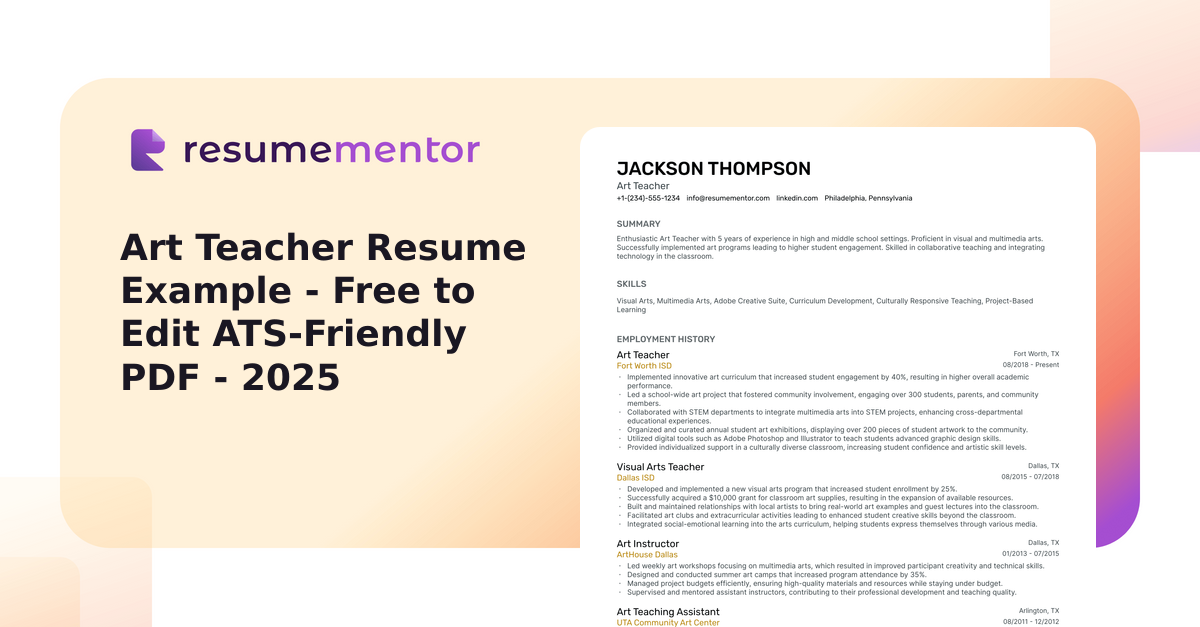 Art Teacher Resume Example - Free to Edit ATS-Friendly PDF - 2025
