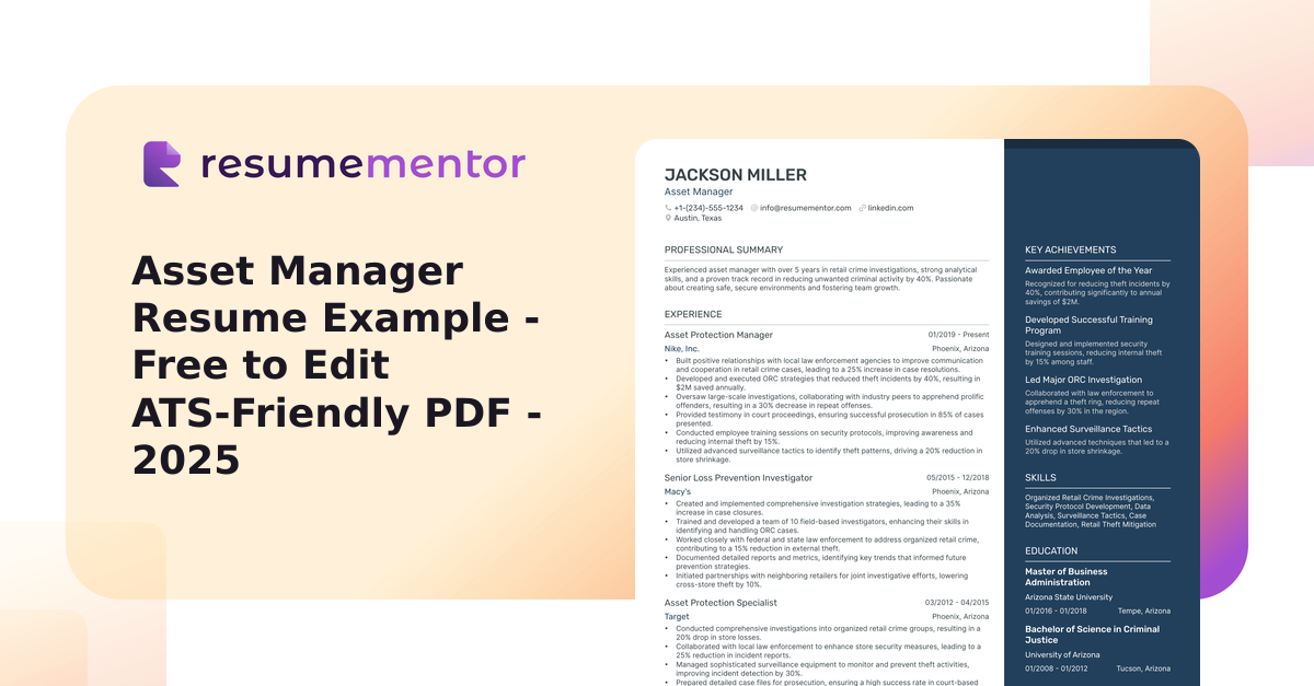 Asset Manager Resume Example - Free to Edit ATS-Friendly PDF - 2025