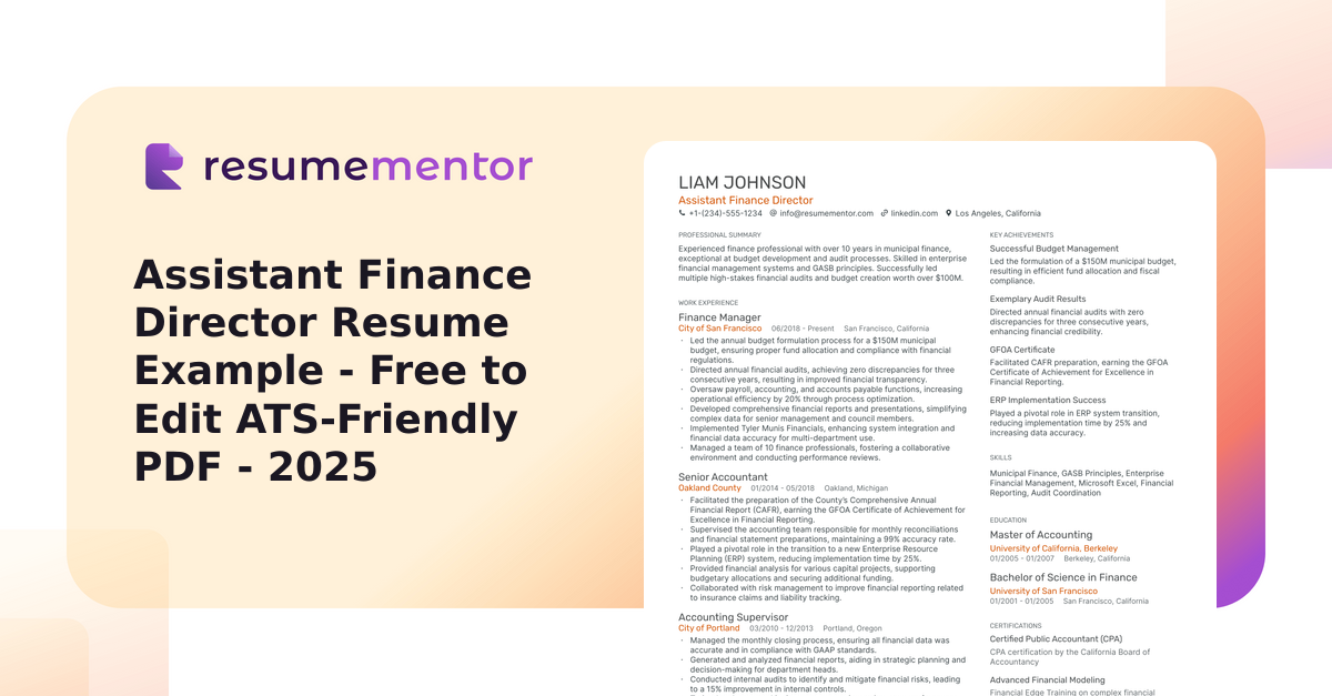Assistant Finance Director Resume Example - Free to Edit ATS-Friendly ...
