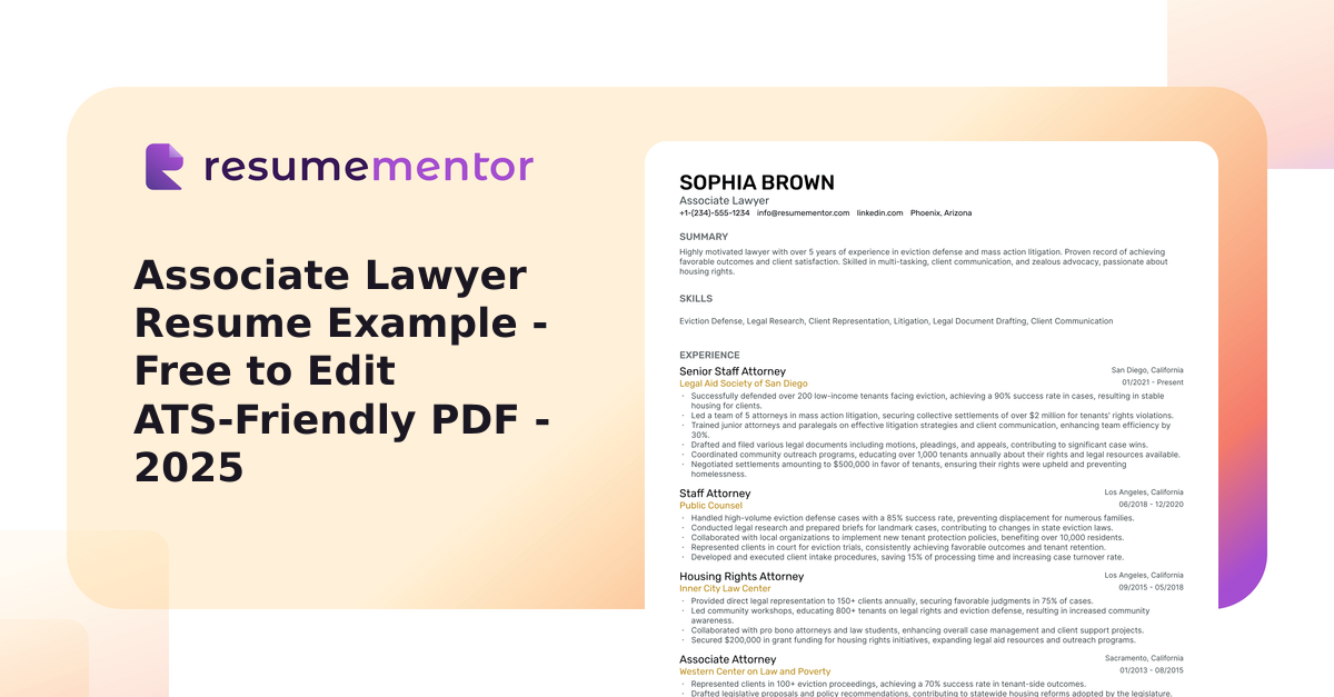 Associate Lawyer Resume Example - Free to Edit ATS-Friendly PDF - 2025