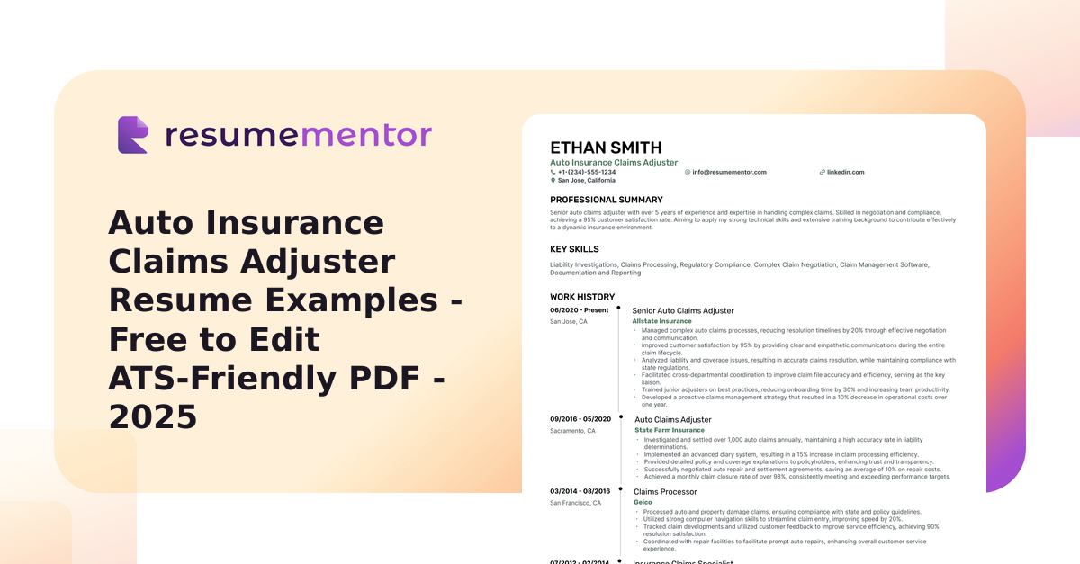 Auto Insurance Claims Adjuster Resume Examples - Free to Edit ATS ...