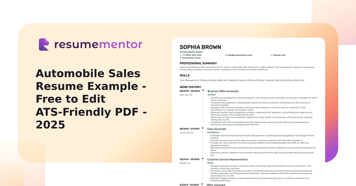 Automobile Sales Resume Example - Free to Edit ATS-Friendly PDF - 2025