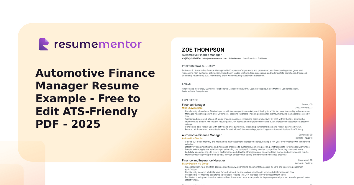 Automotive Finance Manager Resume Example - Free to Edit ATS-Friendly ...
