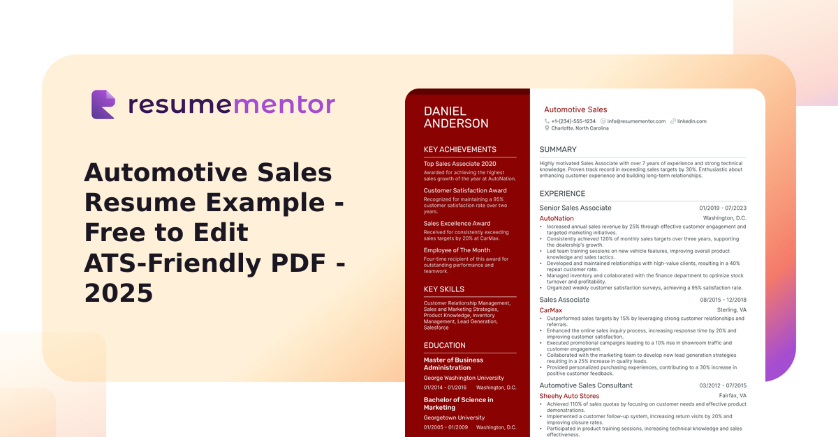 Automotive Sales Resume Example - Free to Edit ATS-Friendly PDF - 2025