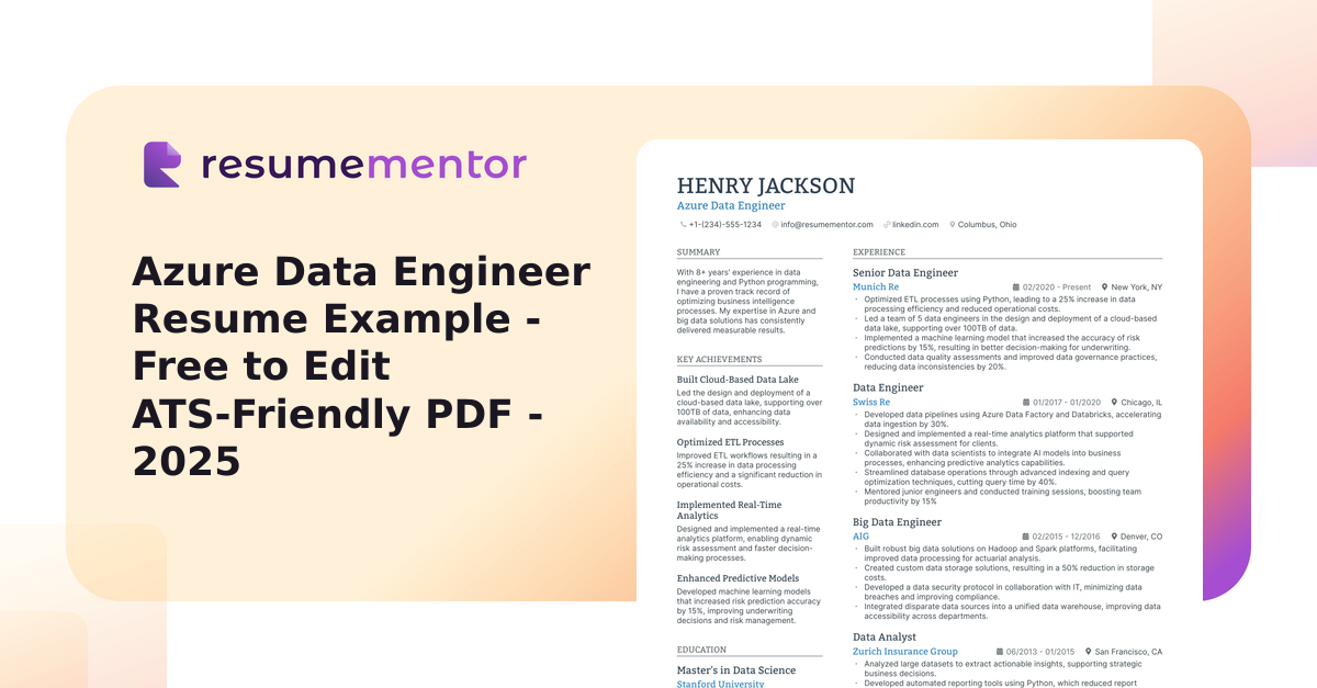 Azure Data Engineer Resume Example - Free to Edit ATS-Friendly PDF - 2025