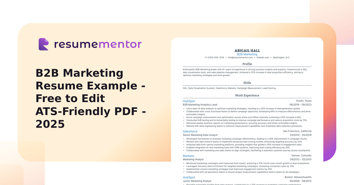 B2B Marketing Resume Example - Free to Edit ATS-Friendly PDF - 2025