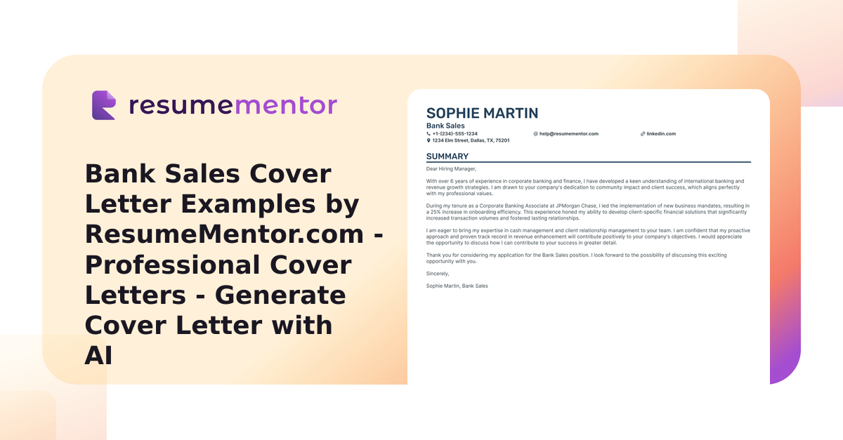 Bank Sales Cover Letter Examples by ResumeMentor.com - Professional ...