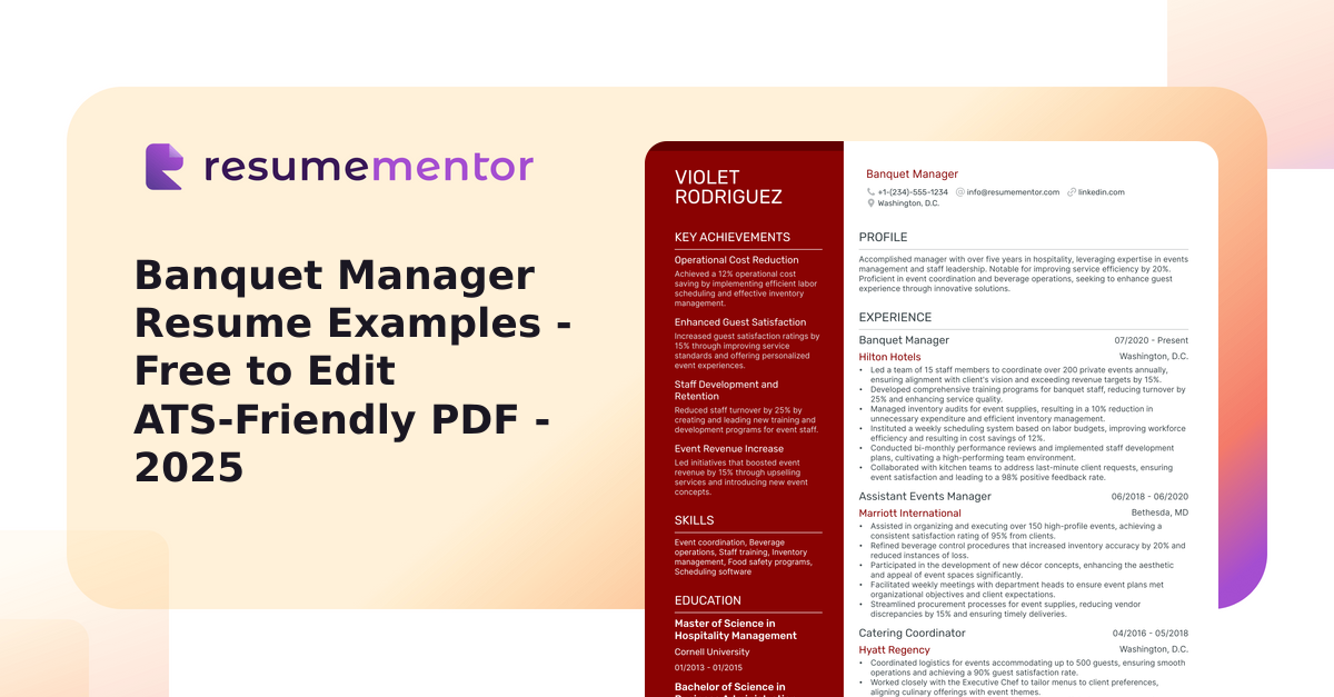 Banquet Manager Resume Examples - Free to Edit ATS-Friendly PDF - 2025