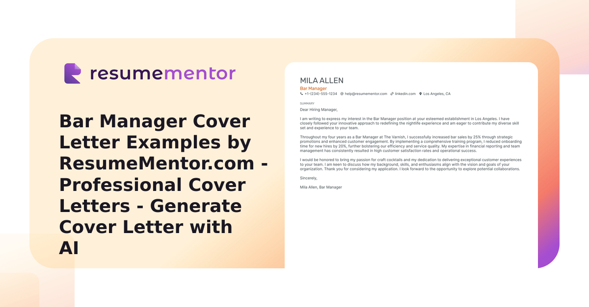 Bar Manager Cover Letter Examples by ResumeMentor.com - Professional ...
