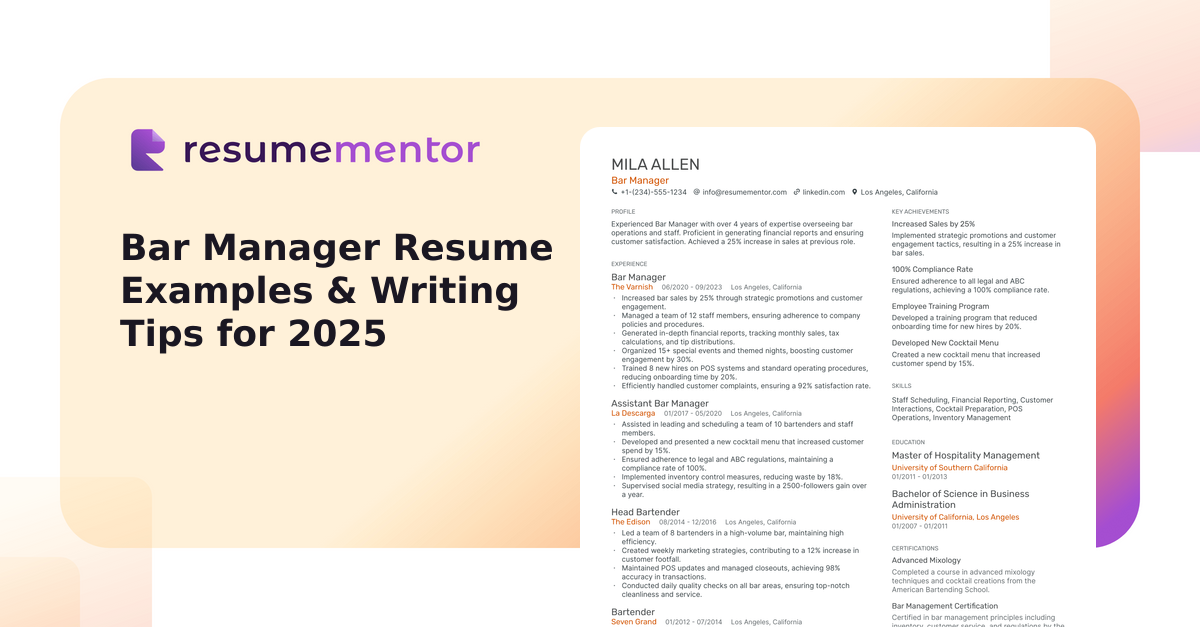 Bar Manager Resume Examples & Writing Tips for 2025