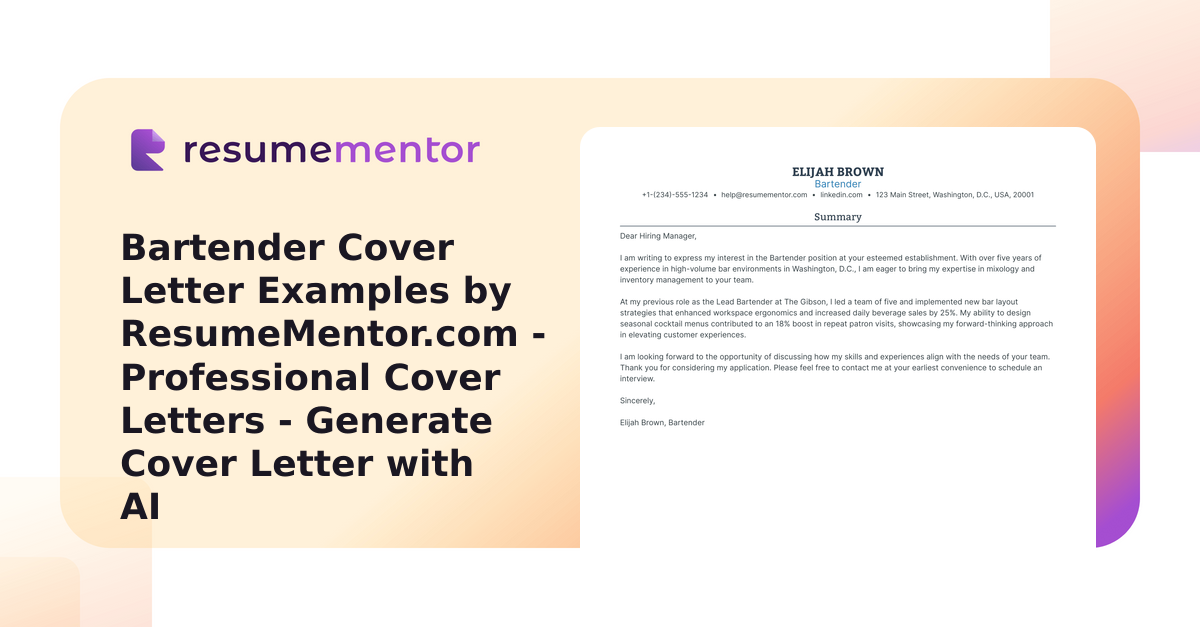 Bartender Cover Letter Examples by ResumeMentor.com - Professional ...