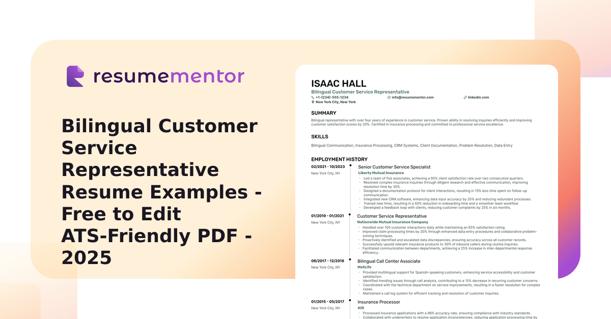 Bilingual Customer Service Representative Resume Examples - Free to Edit ATS-Friendly PDF - 2025