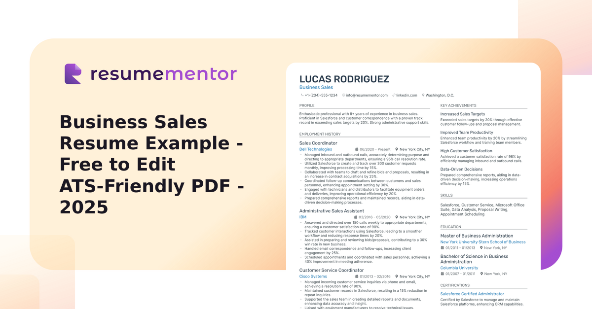 Business Sales Resume Example - Free to Edit ATS-Friendly PDF - 2025
