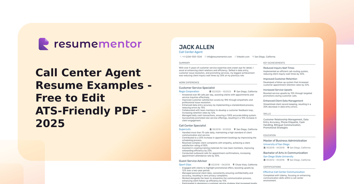 Call Center Agent Resume Examples - Free to Edit ATS-Friendly PDF - 2025
