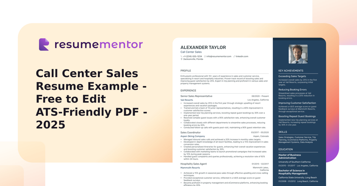 Call Center Sales Resume Example - Free to Edit ATS-Friendly PDF - 2025