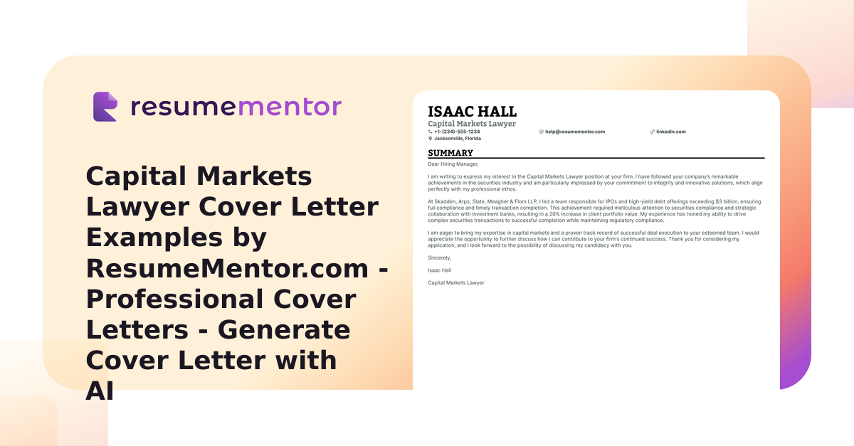 Capital Markets Lawyer Cover Letter Examples by ResumeMentor.com ...