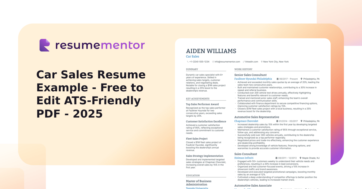 Car Sales Resume Example - Free to Edit ATS-Friendly PDF - 2025