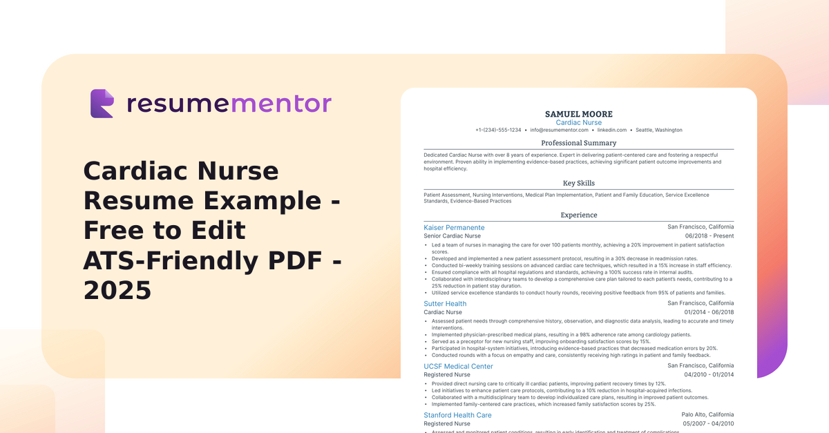 Cardiac Nurse Resume Example - Free to Edit ATS-Friendly PDF - 2025