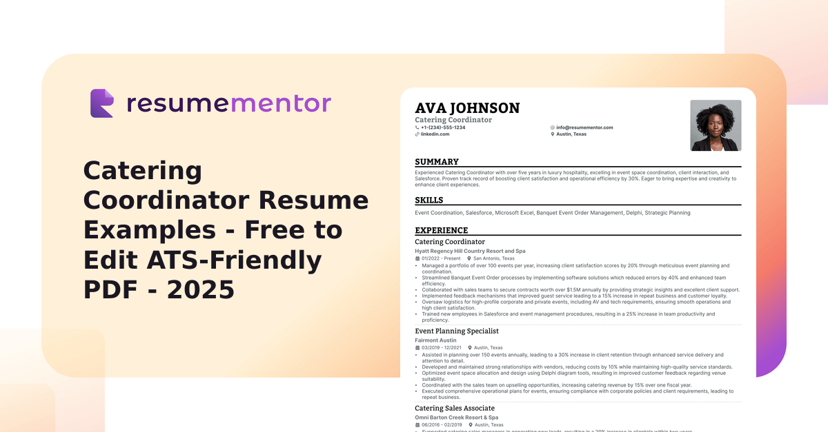 Catering Coordinator Resume Examples - Free to Edit ATS-Friendly PDF - 2025