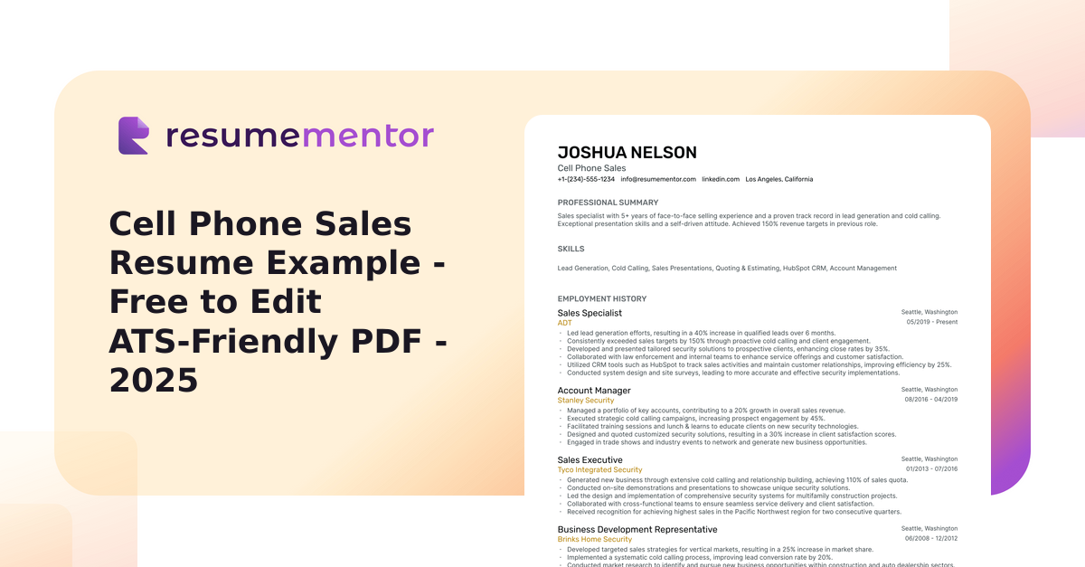 Cell Phone Sales Resume Example - Free to Edit ATS-Friendly PDF - 2025