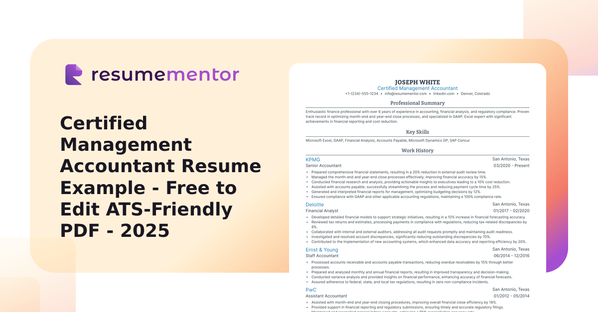 Certified Management Accountant Resume Example - Free to Edit ATS ...