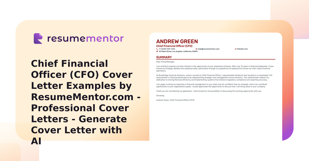 Chief Financial Officer (CFO) Cover Letter Examples by ResumeMentor.com ...