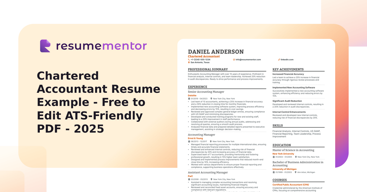 Chartered Accountant Resume Example - Free to Edit ATS-Friendly PDF - 2025