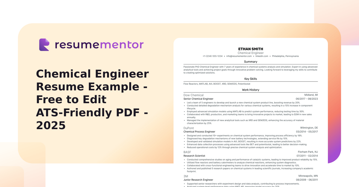 Chemical Engineer Resume Example - Free to Edit ATS-Friendly PDF - 2025