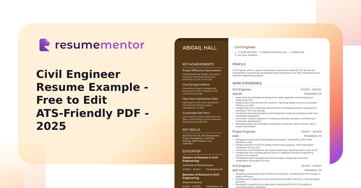 Civil Engineer Resume Example - Free to Edit ATS-Friendly PDF - 2025
