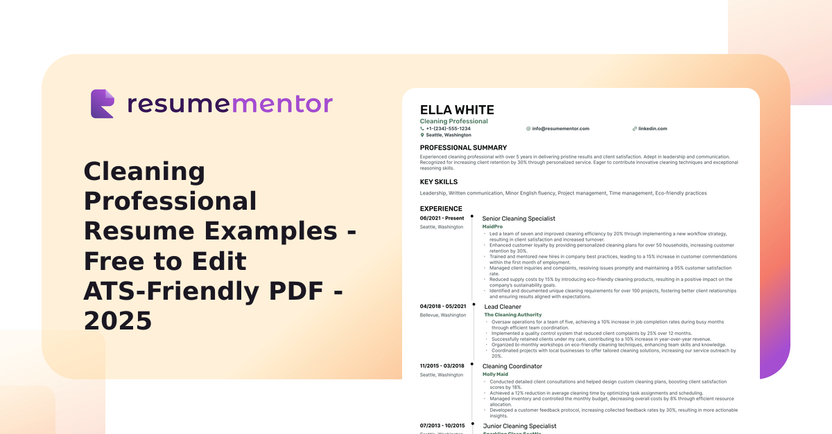 Cleaning Professional Resume Examples - Free to Edit ATS-Friendly PDF ...