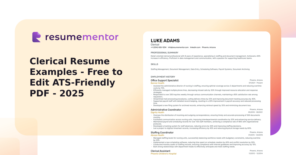 Clerical Resume Examples - Free to Edit ATS-Friendly PDF - 2025