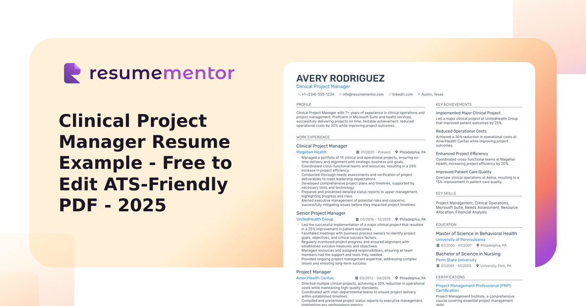 Clinical Project Manager Resume Example - Free to Edit ATS-Friendly PDF ...