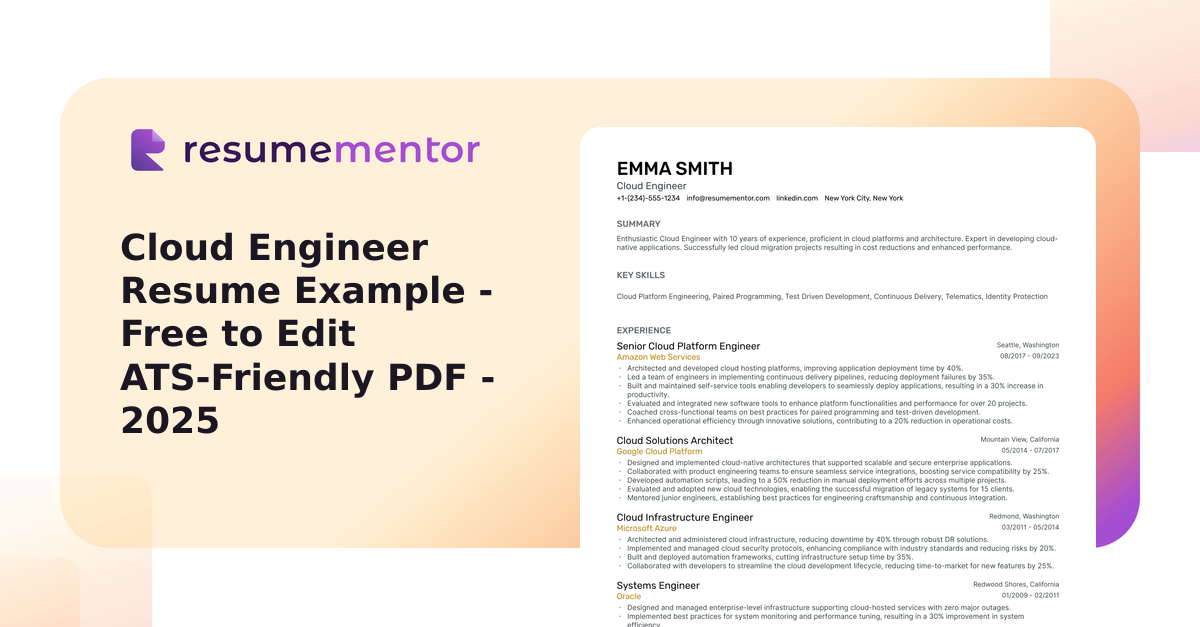 Cloud Engineer Resume Example - Free to Edit ATS-Friendly PDF - 2025