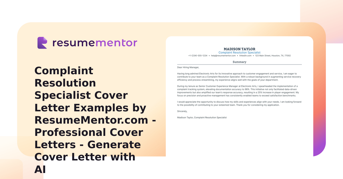Complaint Resolution Specialist Cover Letter Examples by ResumeMentor ...