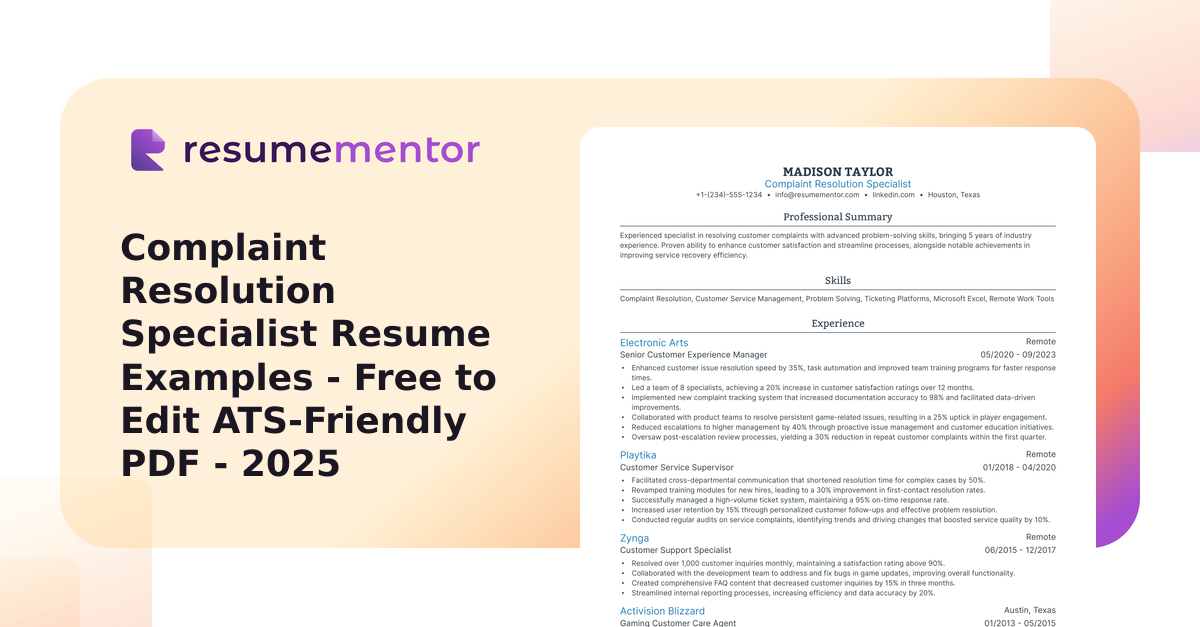 Complaint Resolution Specialist Resume Examples - Free to Edit ATS ...