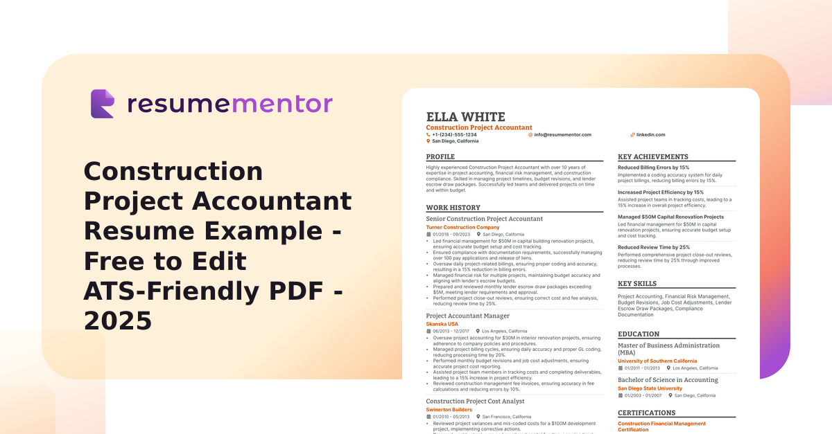 Construction Project Accountant Resume Example - Free to Edit ATS ...