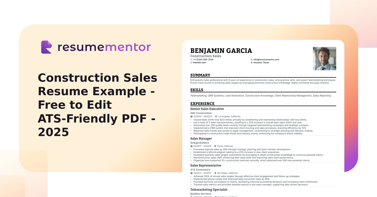 Construction Sales Resume Example - Free to Edit ATS-Friendly PDF - 2025