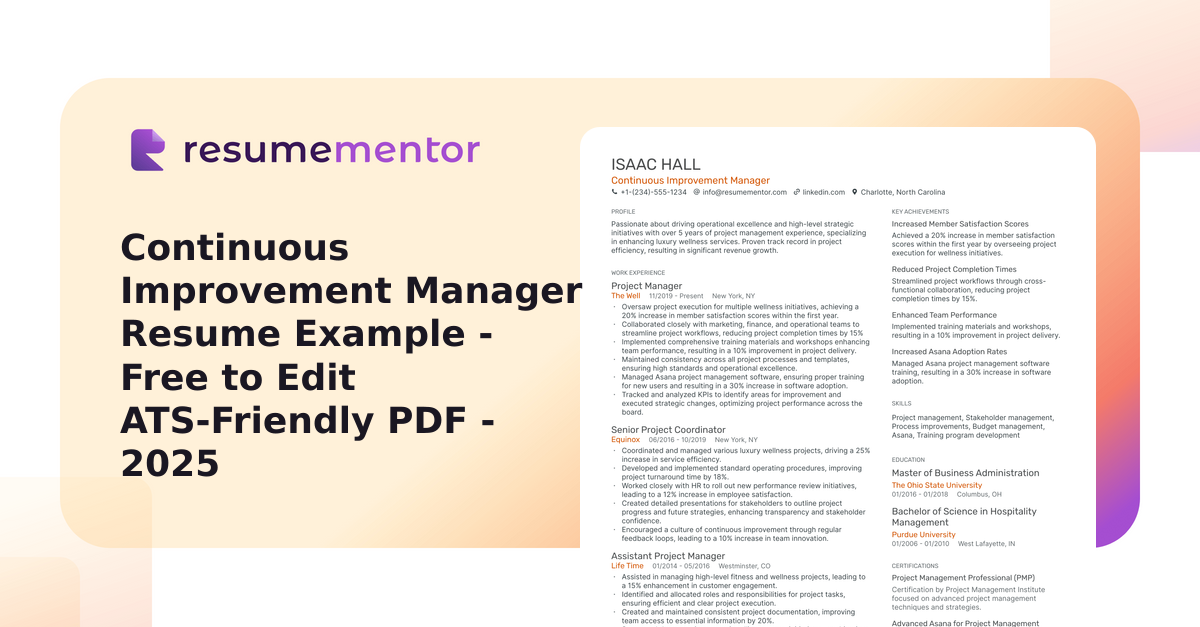 Continuous Improvement Manager Resume Example - Free to Edit ATS ...