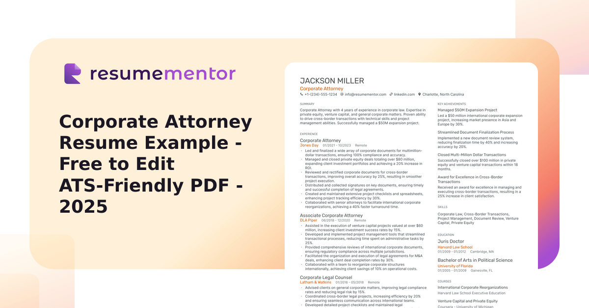 Corporate Attorney Resume Example - Free to Edit ATS-Friendly PDF - 2025