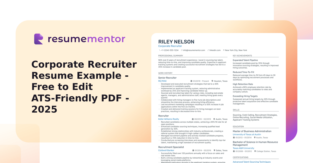 Corporate Recruiter Resume Example - Free to Edit ATS-Friendly PDF - 2025