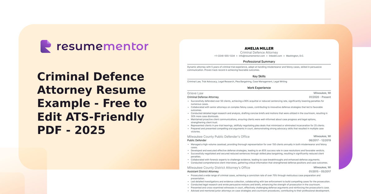 Criminal Defence Attorney Resume Example - Free to Edit ATS-Friendly ...