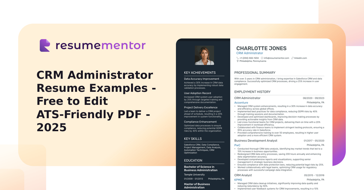 CRM Administrator Resume Examples - Free to Edit ATS-Friendly PDF - 2025